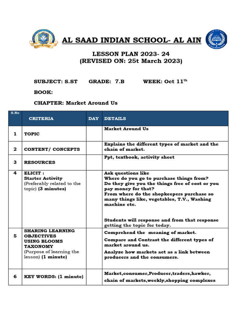 LESSON PLAN Grade 7 Market Around Us | PDF
