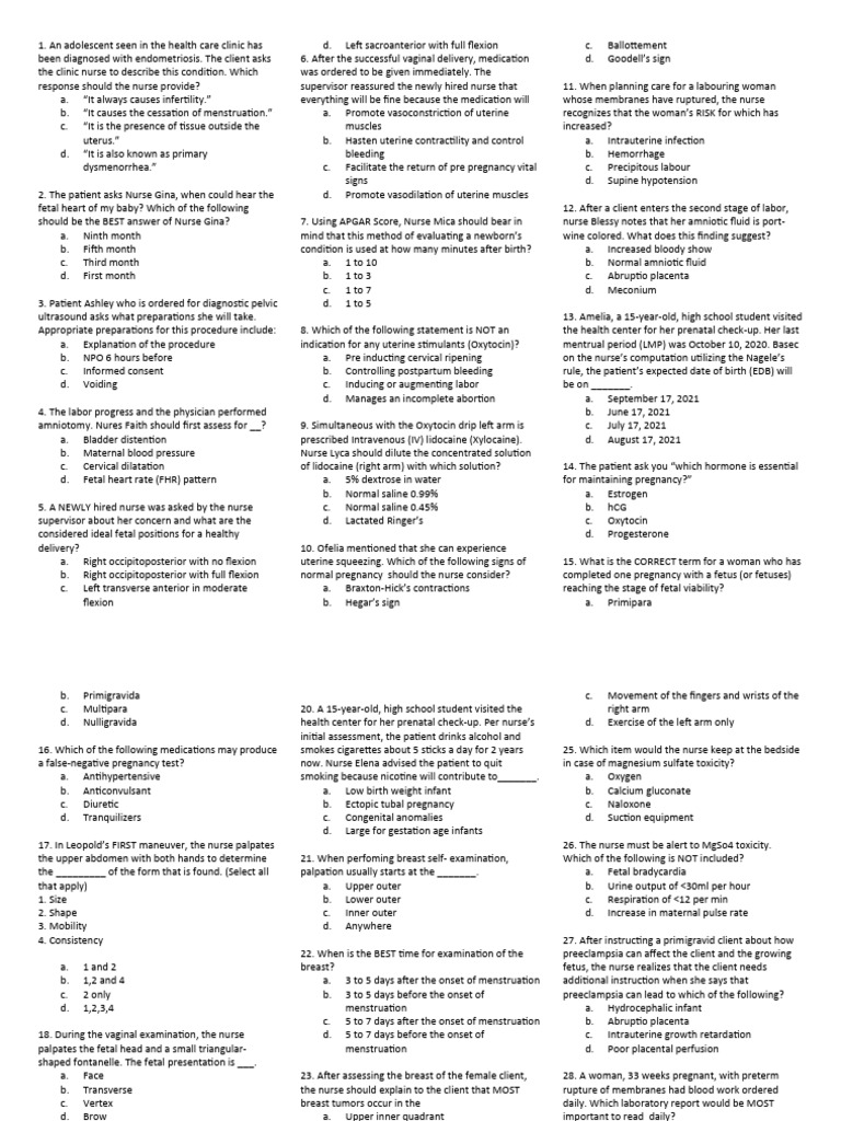 OB PEDIA Practice Questions (100 Items) | PDF | Childbirth | Pregnancy
