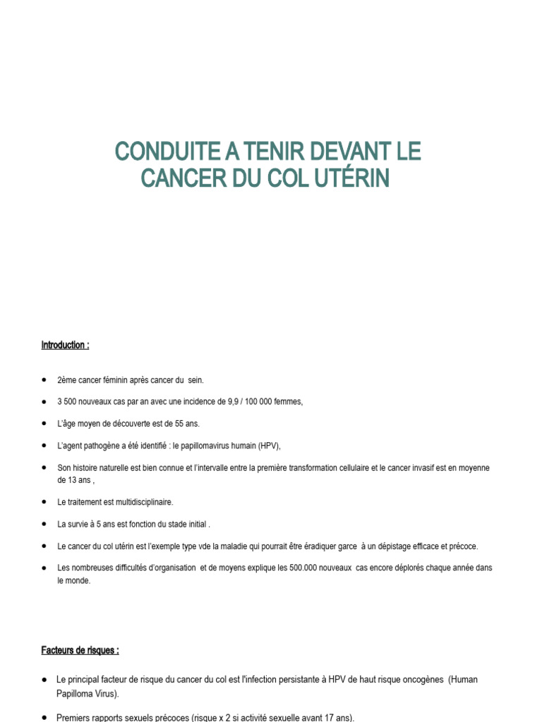 Conduite à Tenir Face au Cancer du Col Utérin | PDF | Cancer | Cancer ...
