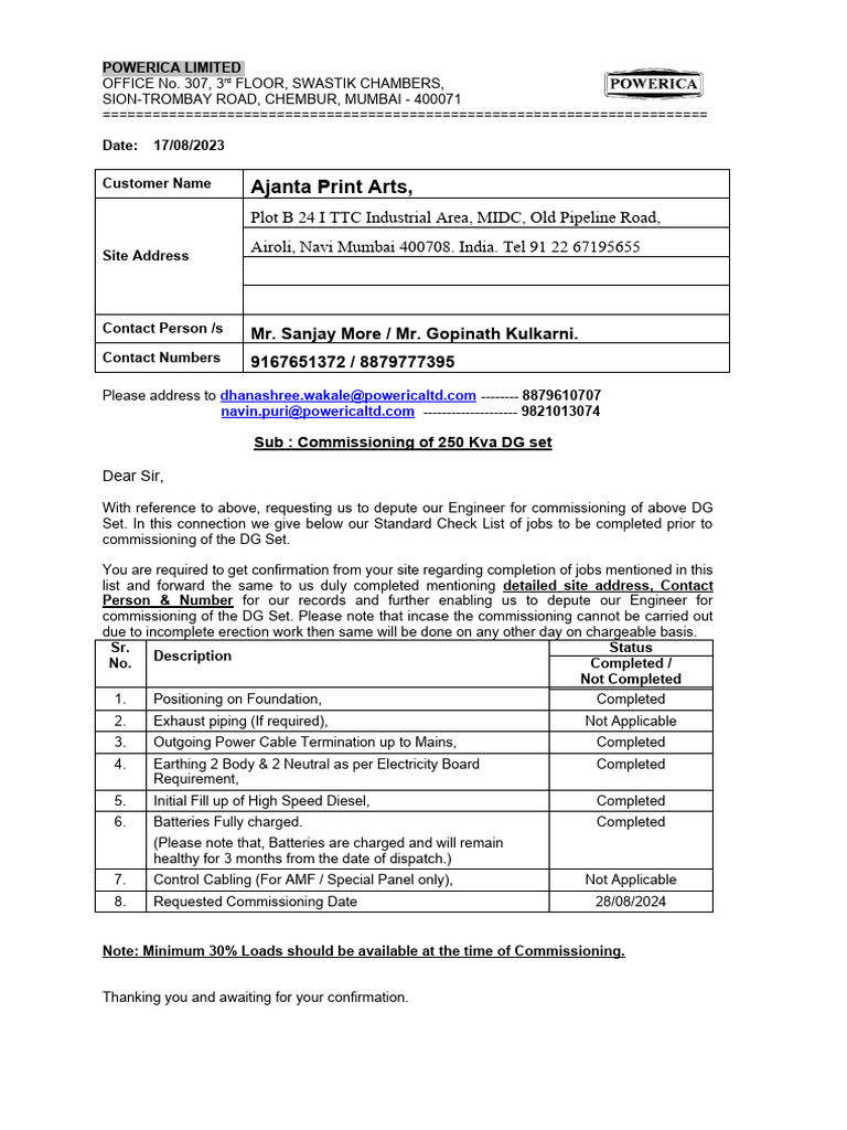 CHECK LIST DG Set | PDF | Electricity | Manufactured Goods