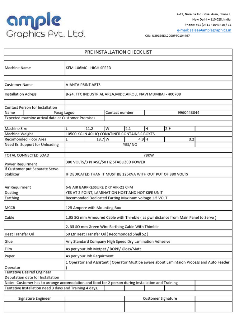 Pre - Installation Check List of kfm-106mc High Speed | PDF