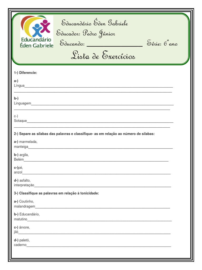 Lista de Exercicios-6° Ano | PDF | Famílias linguísticas | Linguística