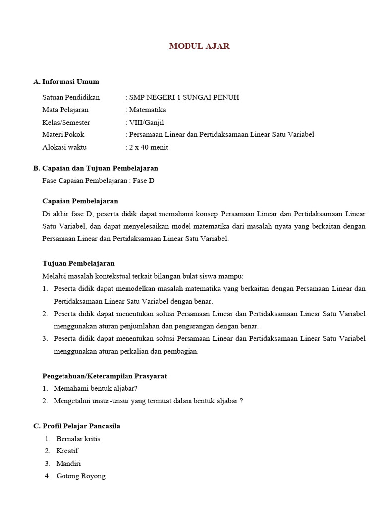 MODUL AJAR Persamaan Dan Pertidaksamaan Linear Satu Variabel Pertemuan ...