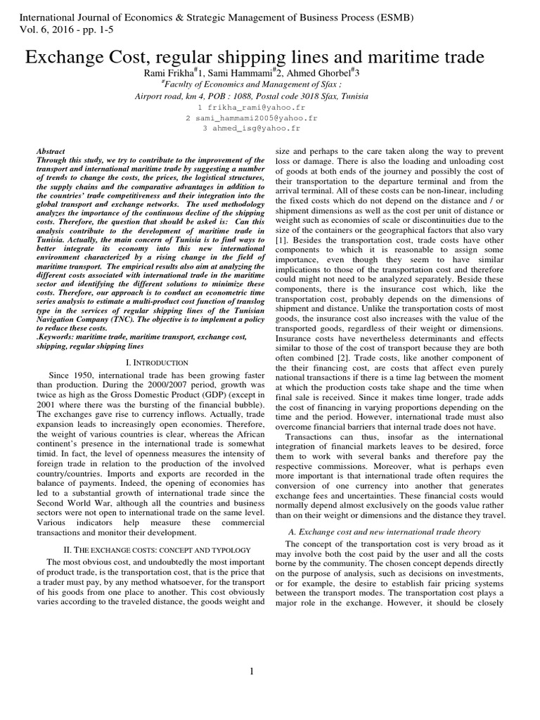 Exchange Cost, Regular Shipping Lines and Maritime Trade: Rami Frikha 1 ...