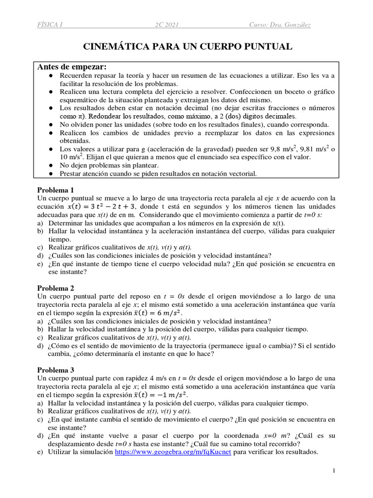 N1 Guia CINEMATICA 2021 2C Alumnos | PDF