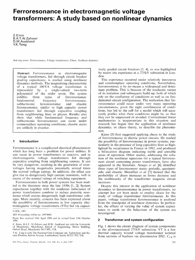 Ferroresonance in Electromagnetic Voltage Transformers A Study Based On Nonlinear Dynamics | PDF ...