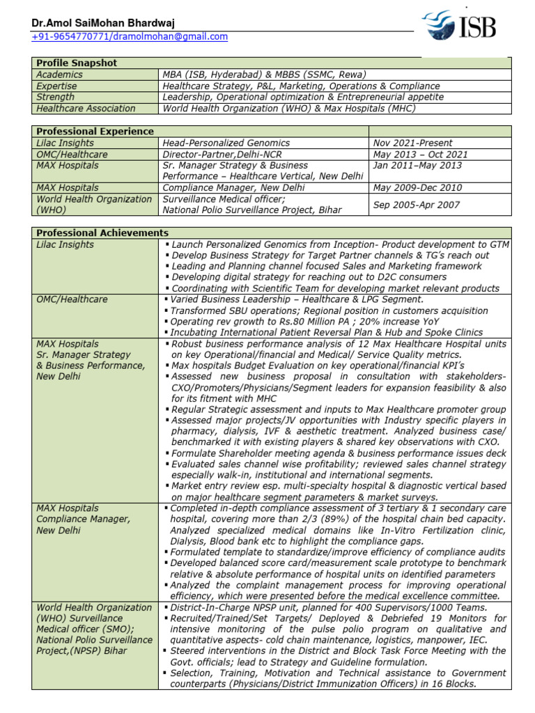 Resume-Dr - Amol SaiMohan BSN (ISB-MBBS) | PDF | Health Care | Hospital