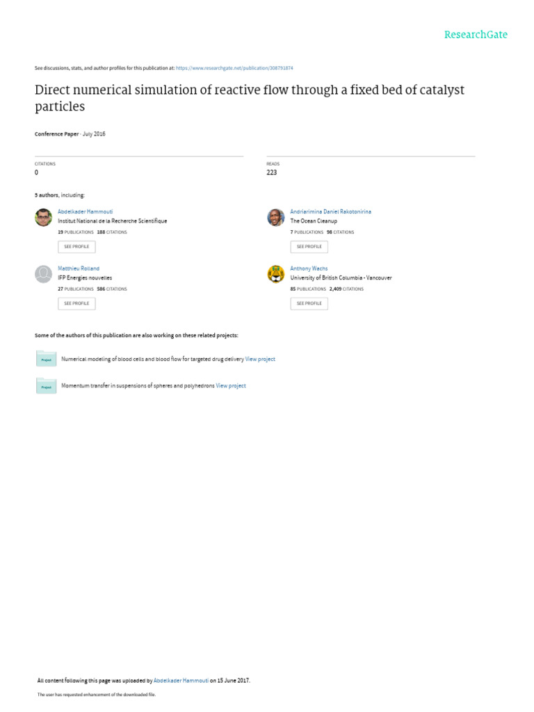 Direct Numerical Simulation of Reactive Ow Through A Fixed Bed of Catalyst Particles | PDF ...