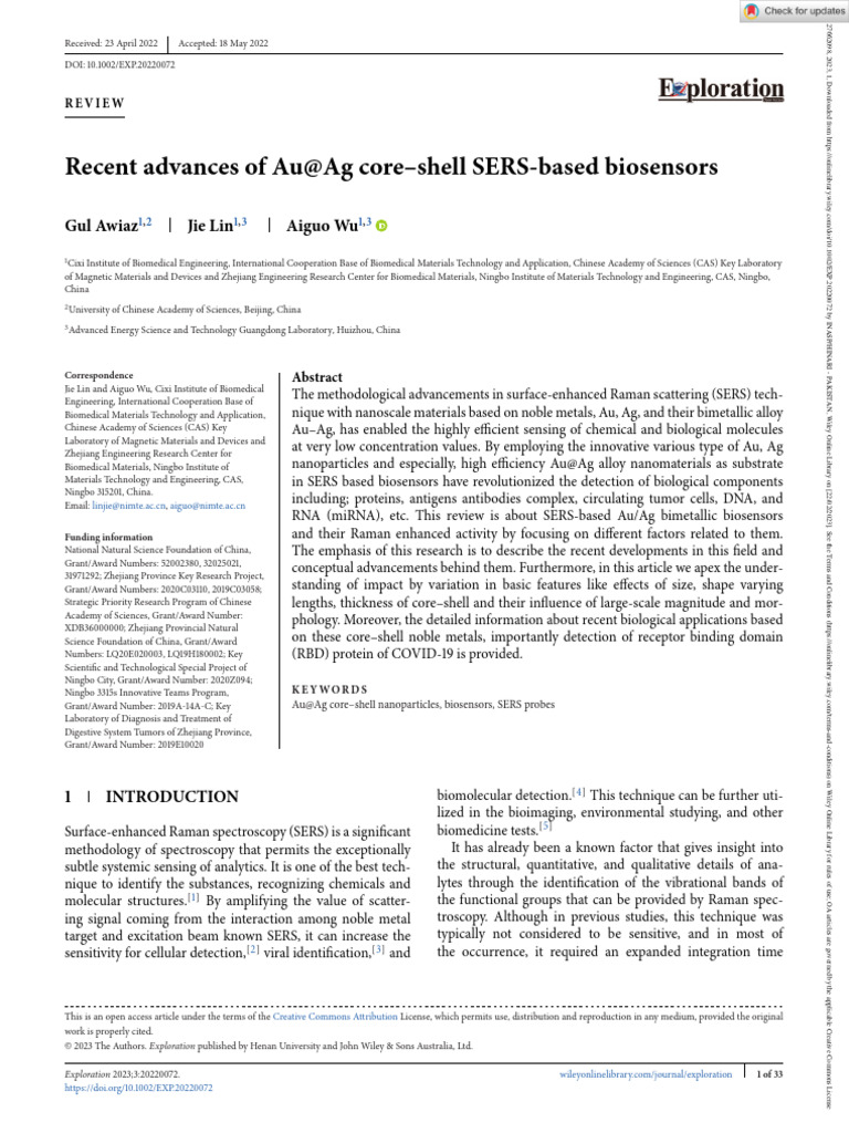 Exploration - 2023 - Awiaz - Recent Advances of Au Ag Core Shell SERS Based Biosensors | PDF ...