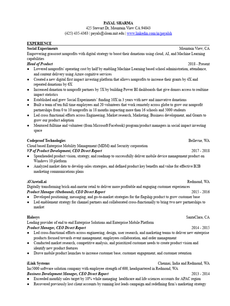 Payal Sharma Resume 2023 | PDF | Nonprofit Organization | Master Of Business Administration