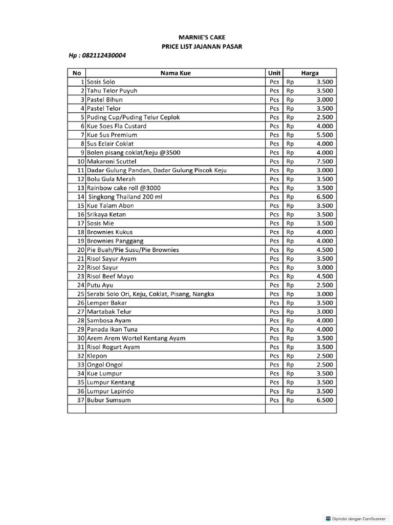 Price List Jajanan Marni's Cake | PDF