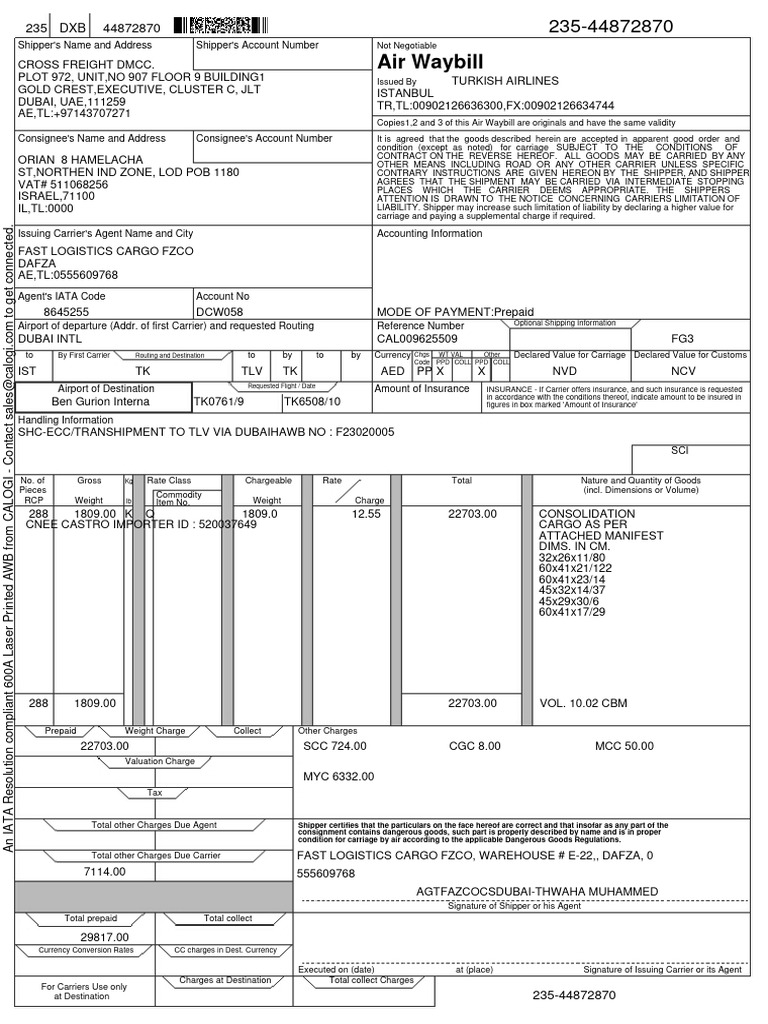 Air Waybill: Routing and Destination Chgs WT Val Other Code PPD Coll ...