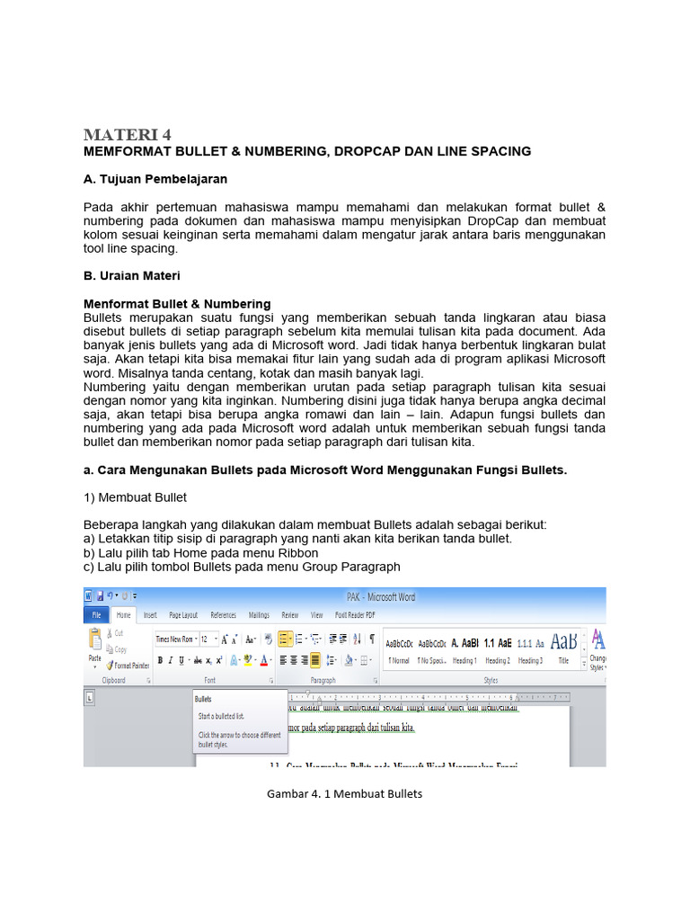 Materi 4 - Memformat Paragraf - Bullet Dan Numbering - Drop Cap Dan Spasi Baris | PDF | Seni