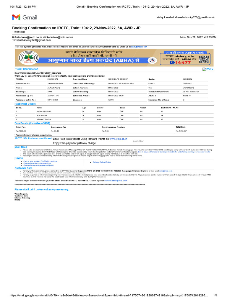 Gmail - Booking Confirmation On IRCTC, Train - 19412, 29-Nov-2022, 3A ...