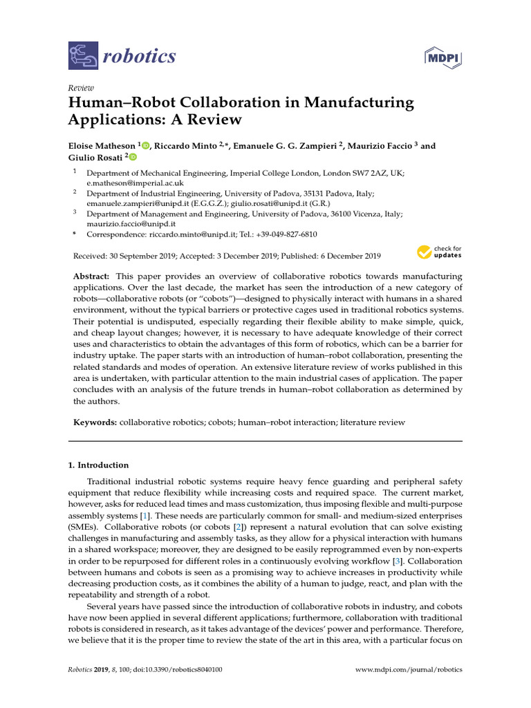 Human Robot Collaboration In Manufacturing Applications A Review Pdf Robotics Robot