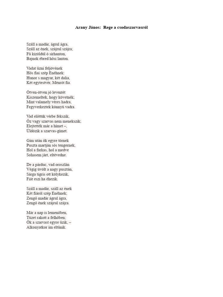 Rege A Csodaszarvasról - 1-4versszak | PDF
