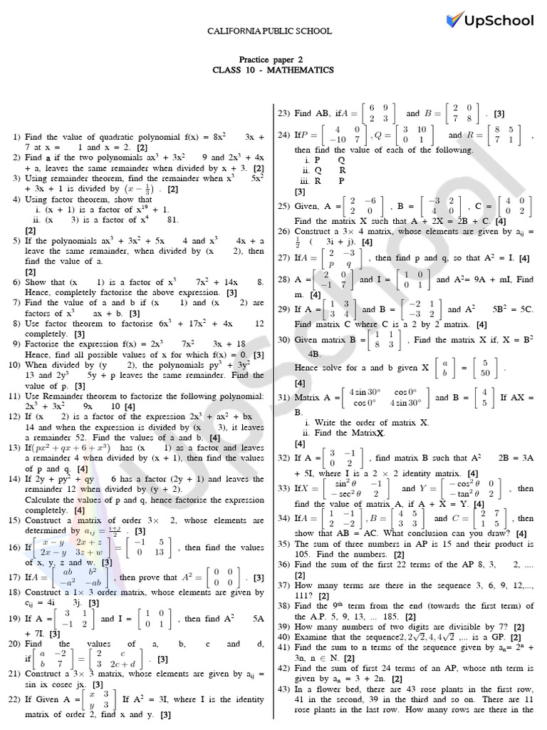 Class 10 Icse Mathematics Chapterwise QuestionBank 2 | PDF