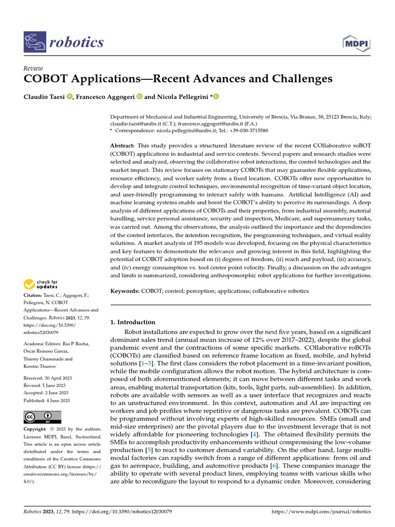 COBOT Applications - Recent Advances and Challenges | PDF | Robot | Robotics