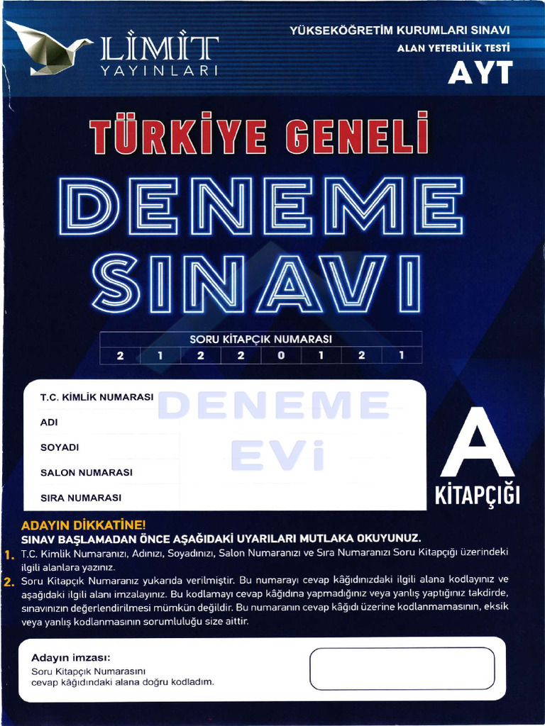Limit Yayınları Türkiye Geneli - 1 AYT Deneme Sınavı | PDF