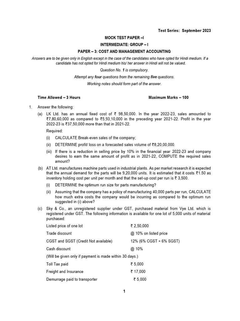 MTP 10 16 Questions 1694017726 | PDF | Cost | Gross Margin