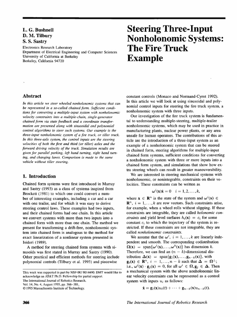 Bushnell Et Al 1995 Steering Three Input Nonholonomic Systems The Fire ...