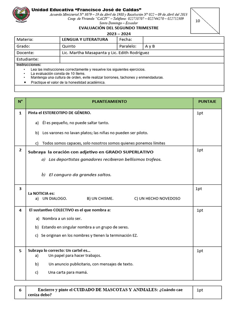 Eval 5to A y B Lenguaje 2do Trim. | Descargar gratis PDF | Lingüística