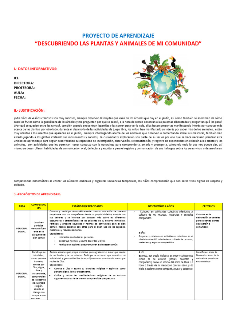 Proyecto Las Plantas y Animales - 4 Años | PDF | Aprendizaje | Espacio