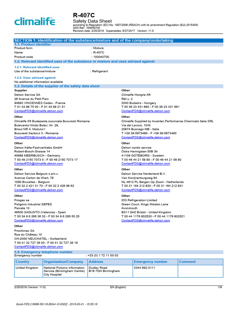R-407C Refrigerant Safety Data Sheet | PDF | Firefighting | Dangerous Goods