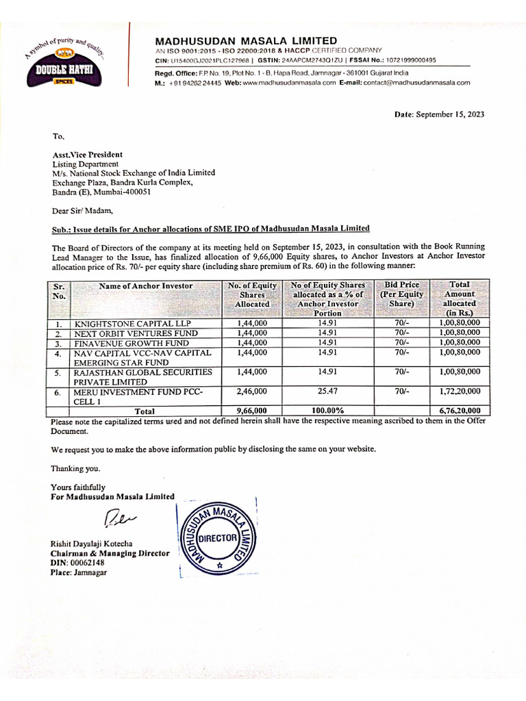 Company Anchor Allocation Letter | PDF
