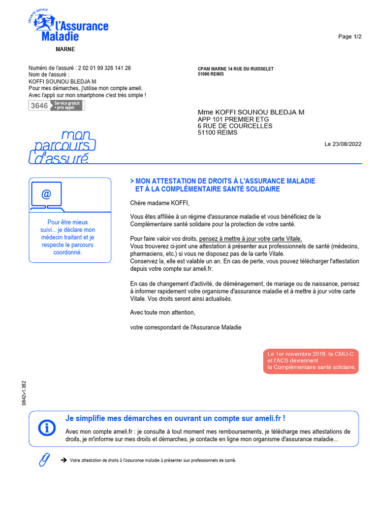 Attestation de droits à l'assurance maladie | PDF