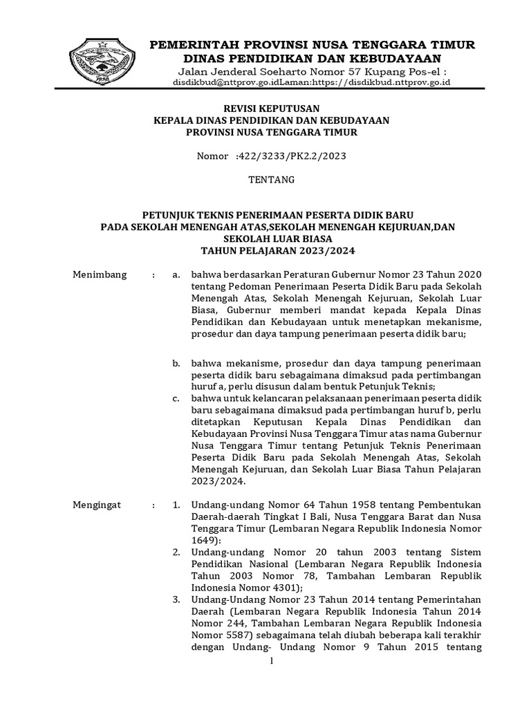 Revisi Keputusan Kadis TTG PPDB NTT 2023 Final 9-06-2023 | PDF