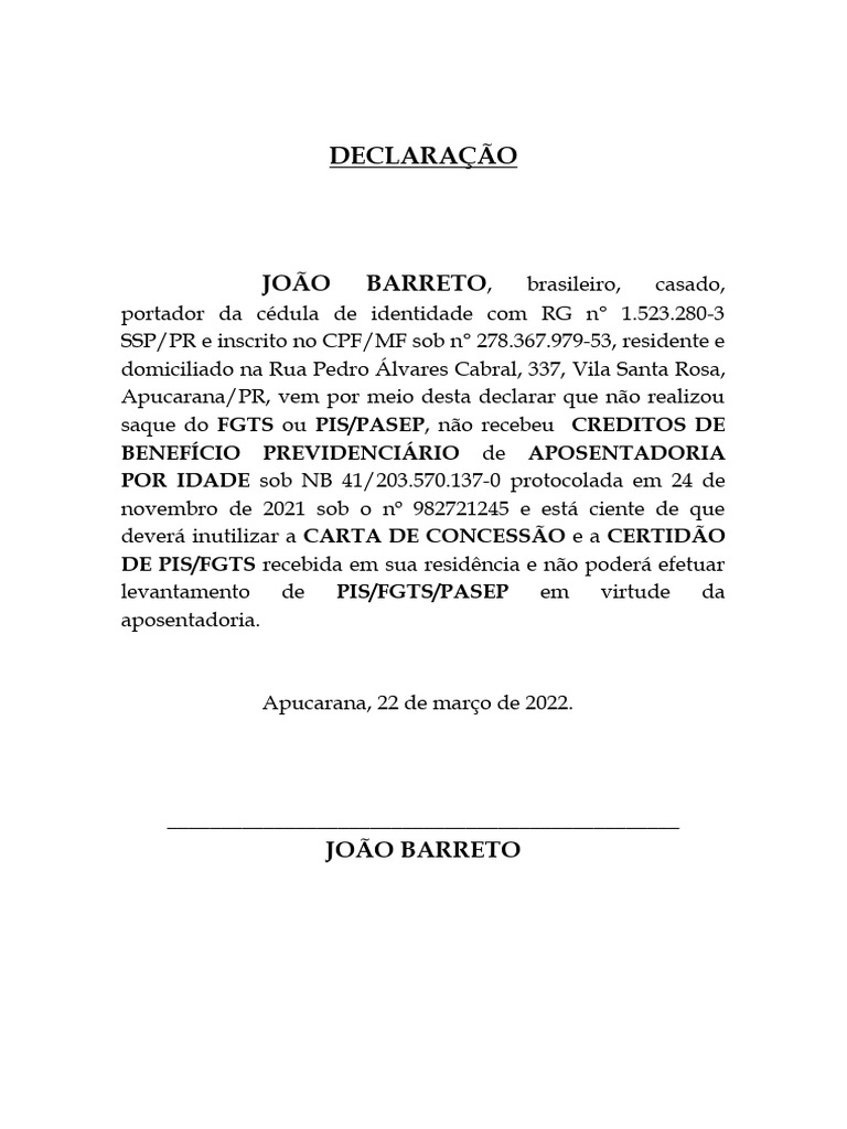 Declaração de Não Recebimento de Benefício | PDF Declaração de Não Recebimento de Benefício | PDF