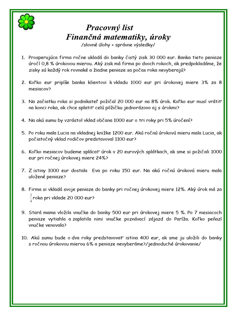 Úrok, Finančná Matematika, 7.roč., PL + Správne Výsledky | PDF