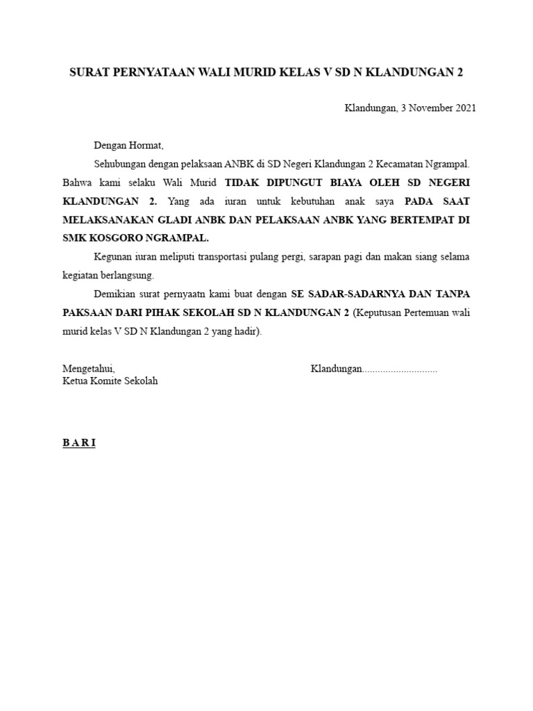 Surat Pernyataan Wali Murid Kelas V SD N Klandungan 2 | PDF