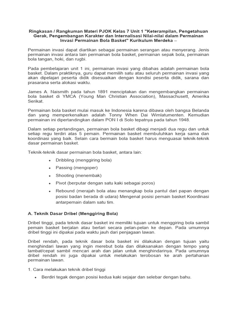 Ringkasan Bola Basket PJOK Kls. 7 Merdeka | PDF | Pengembangan Diri