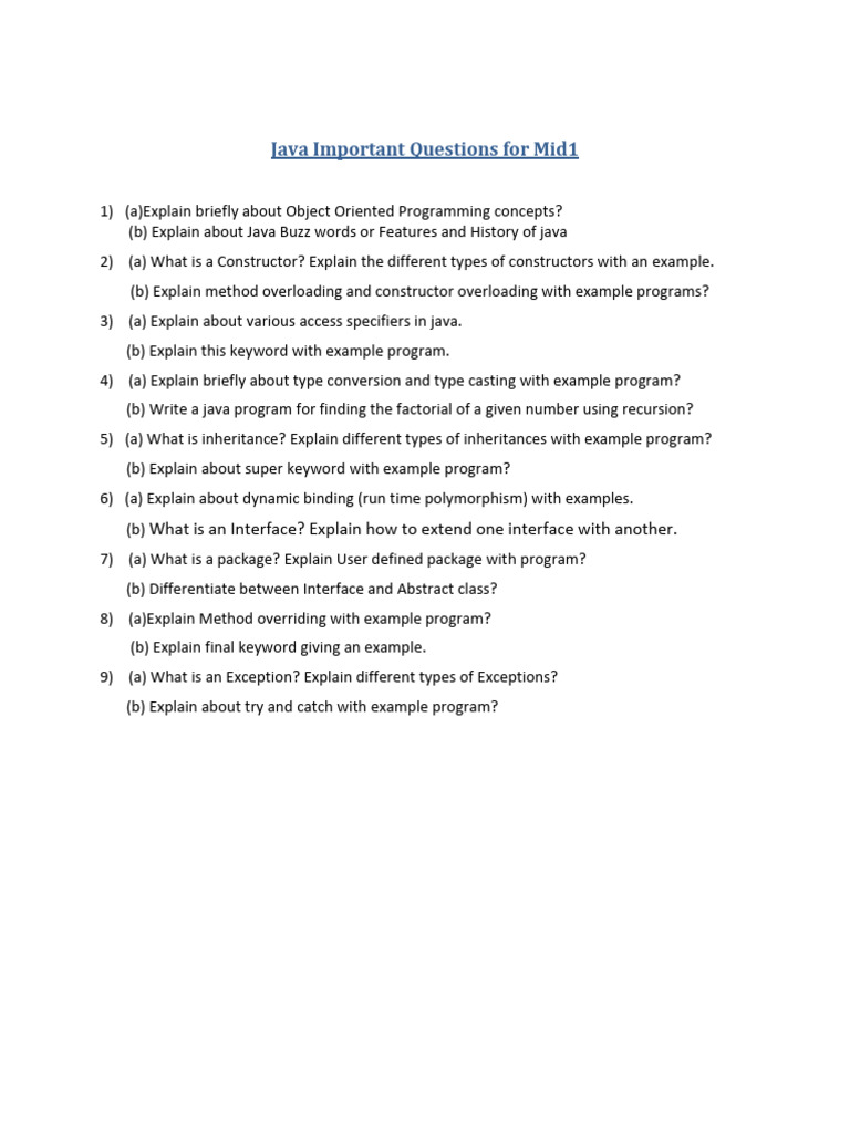 Java Important Questions For Mid1 | PDF