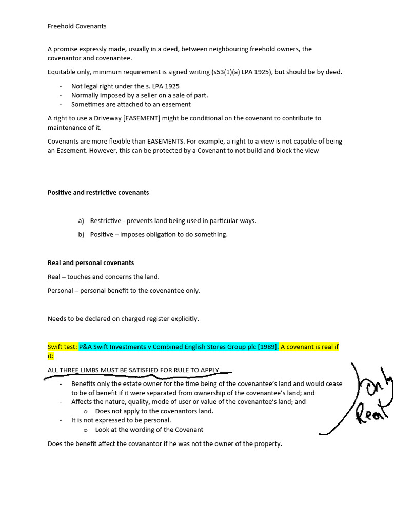 Land Law 6 - Freehold Covenants | PDF | Covenant (Law) | Easement