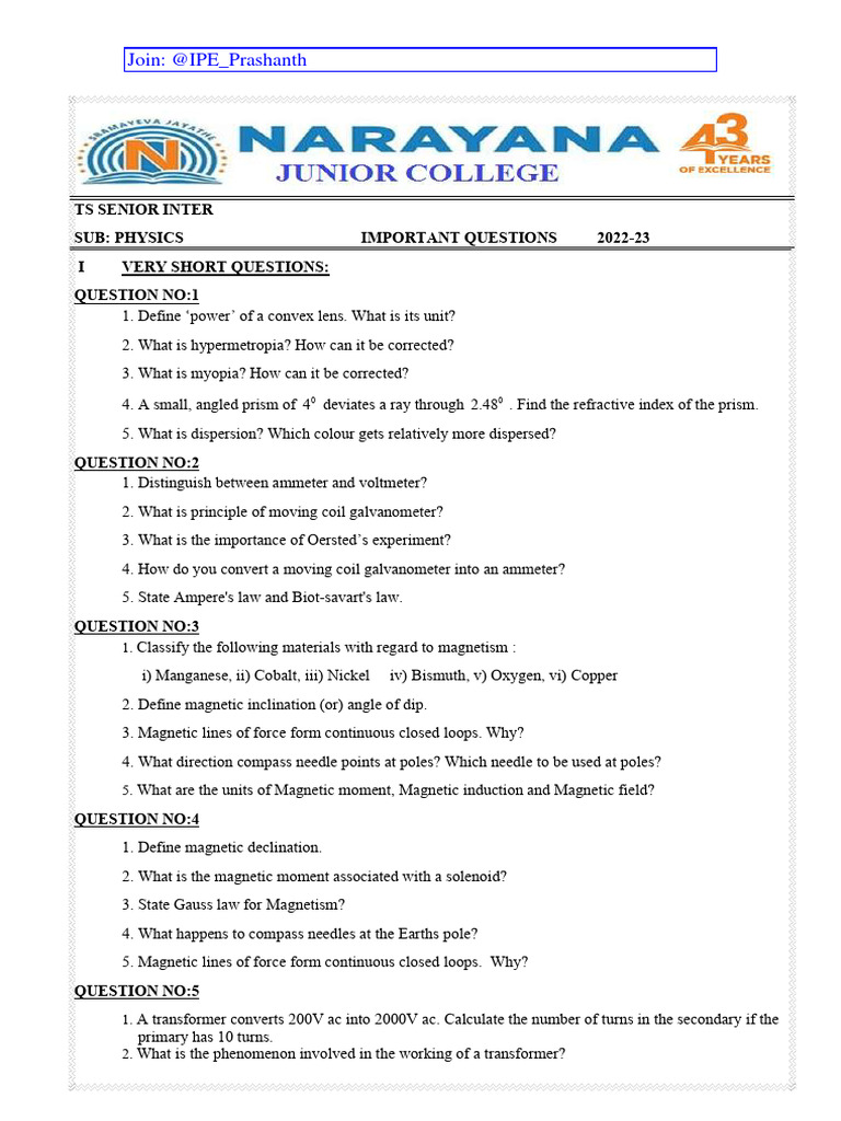 SR Physics - Narayana Imp Questions | PDF | P–N Junction | Waves