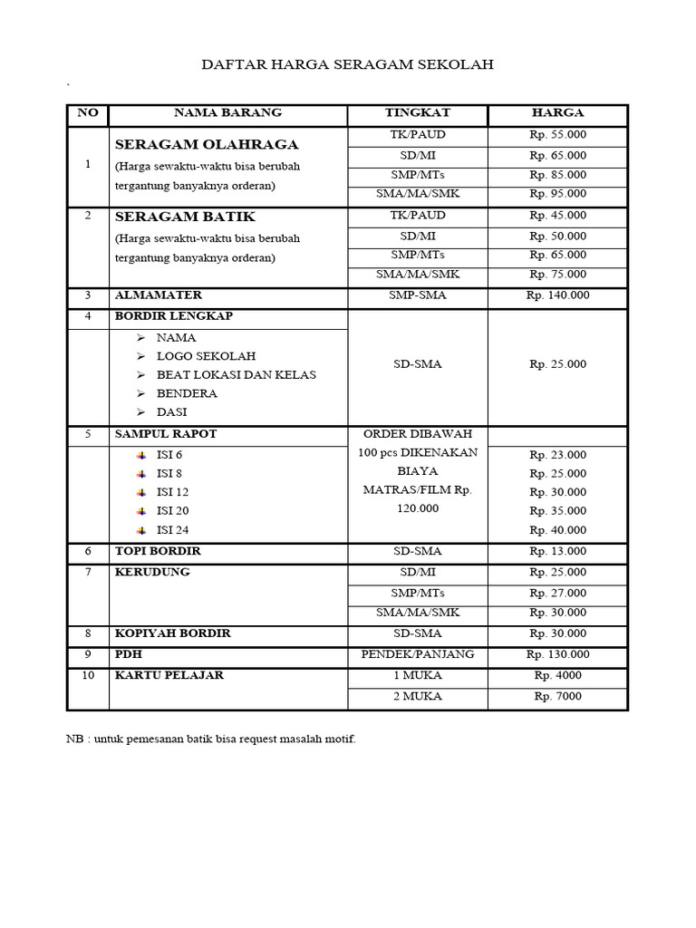 Daftar Harga Seragam Sekolah | PDF