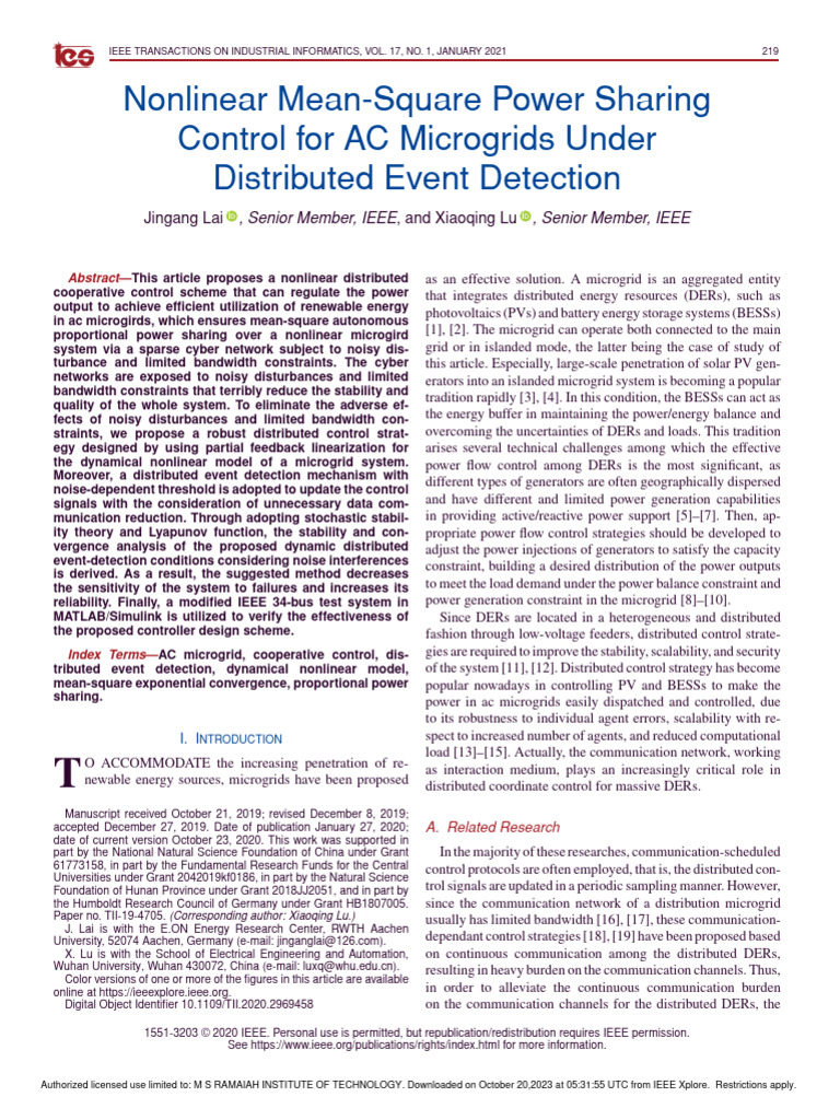 Nonlinear Mean Square Power Sharing Control For Ac Microgrids Under Distributed Event Detection