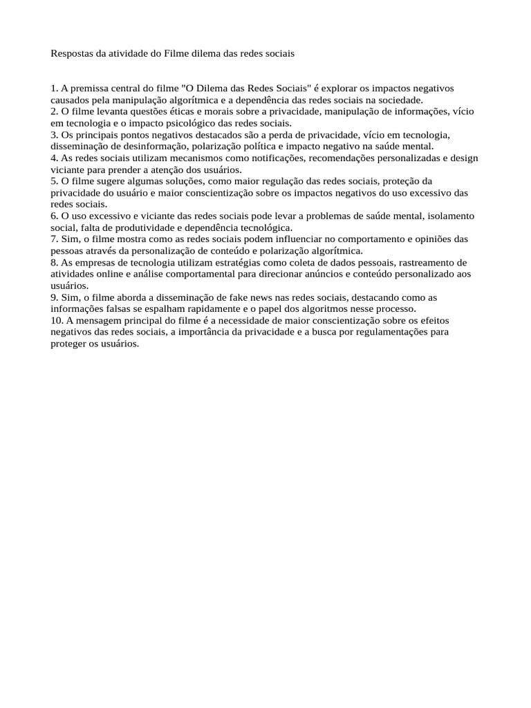 Respostas Questões Filme o Dilema Das Redes Sociais | PDF | Ciências ...