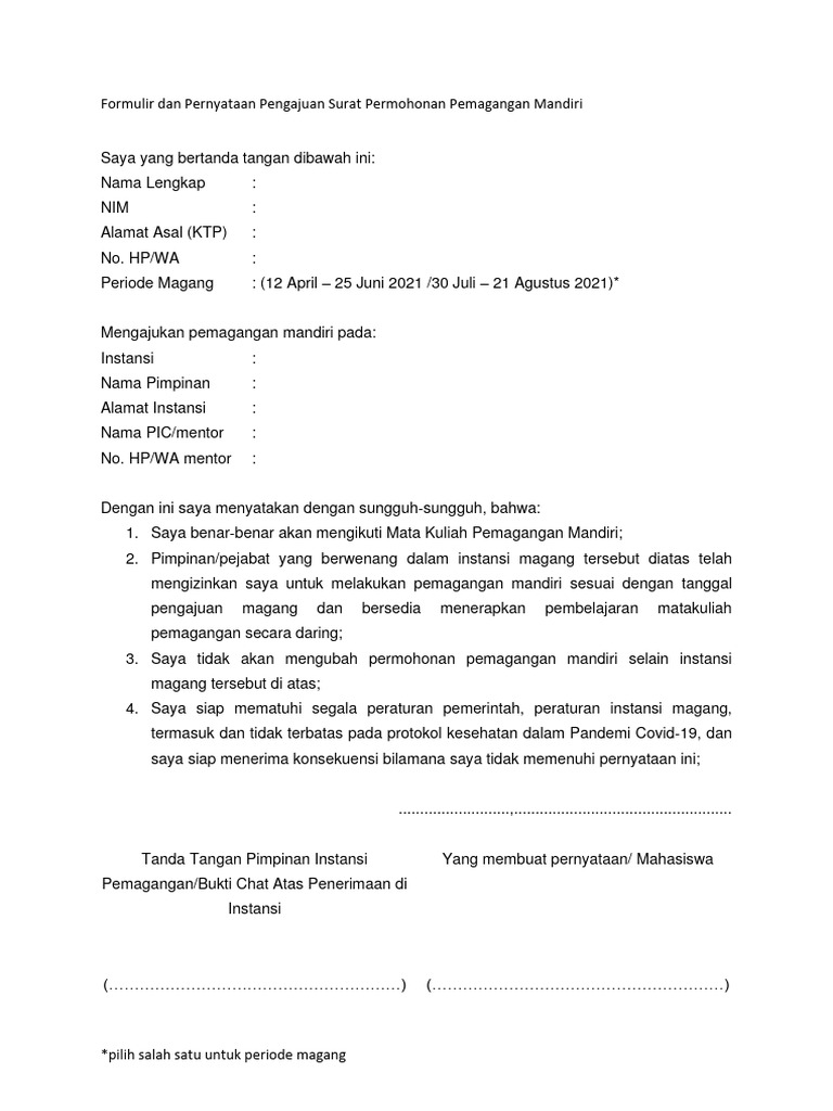 Formulir Permohonan Magang Mandiri 1 | PDF