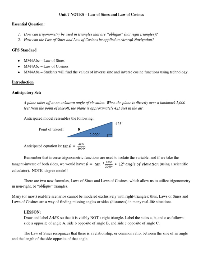 Notes - Law of Sines and Cosines | PDF | Trigonometric Functions ...