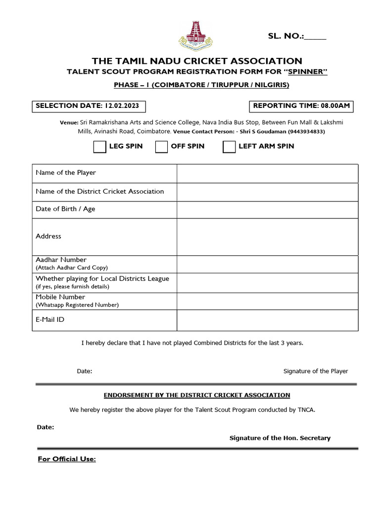 Tnca Talent Scout 2022 23 | PDF | Ball And Bat Games | Cricket