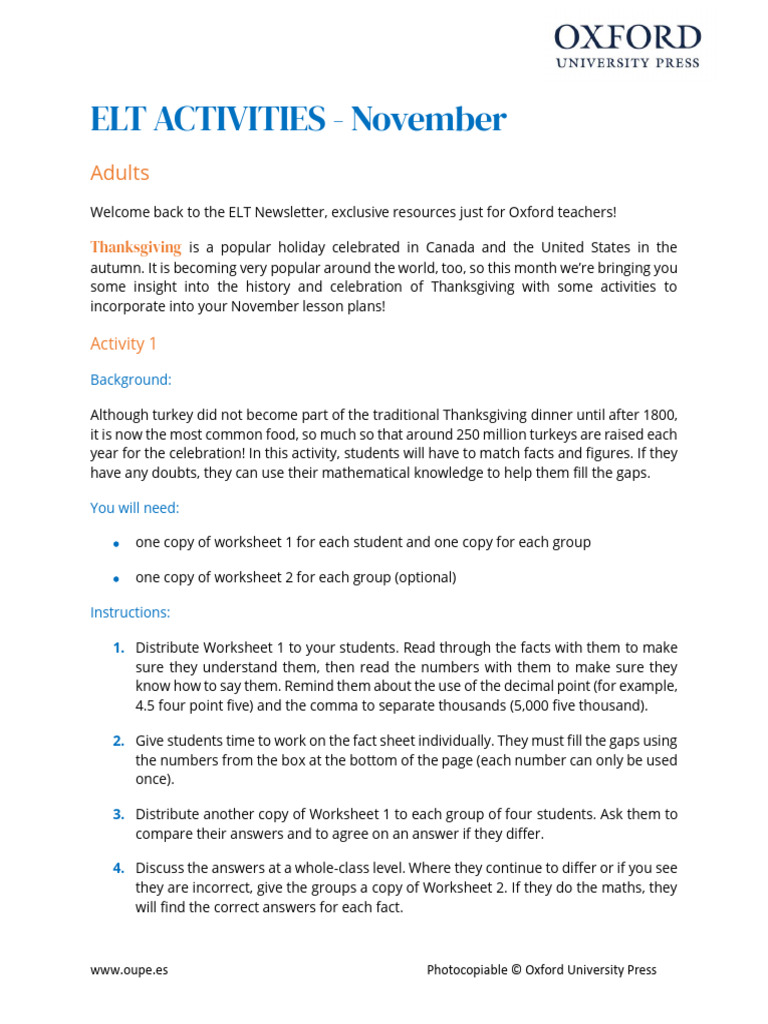 Thanksgiving ELT Activities Guide | PDF | Thanksgiving | Plymouth Colony