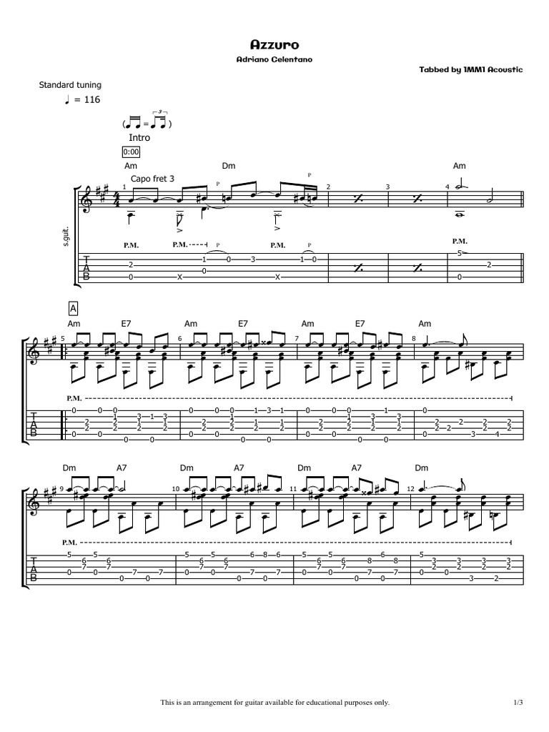 (Adriano Celentano) Azzuro TAB NOT | PDF | Guitar Family Instruments | Irish Musical Instruments