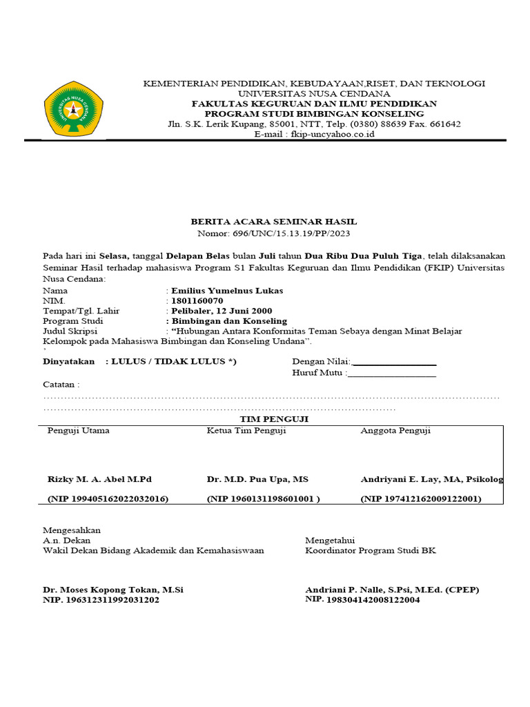 Berita Acara Semhas | PDF