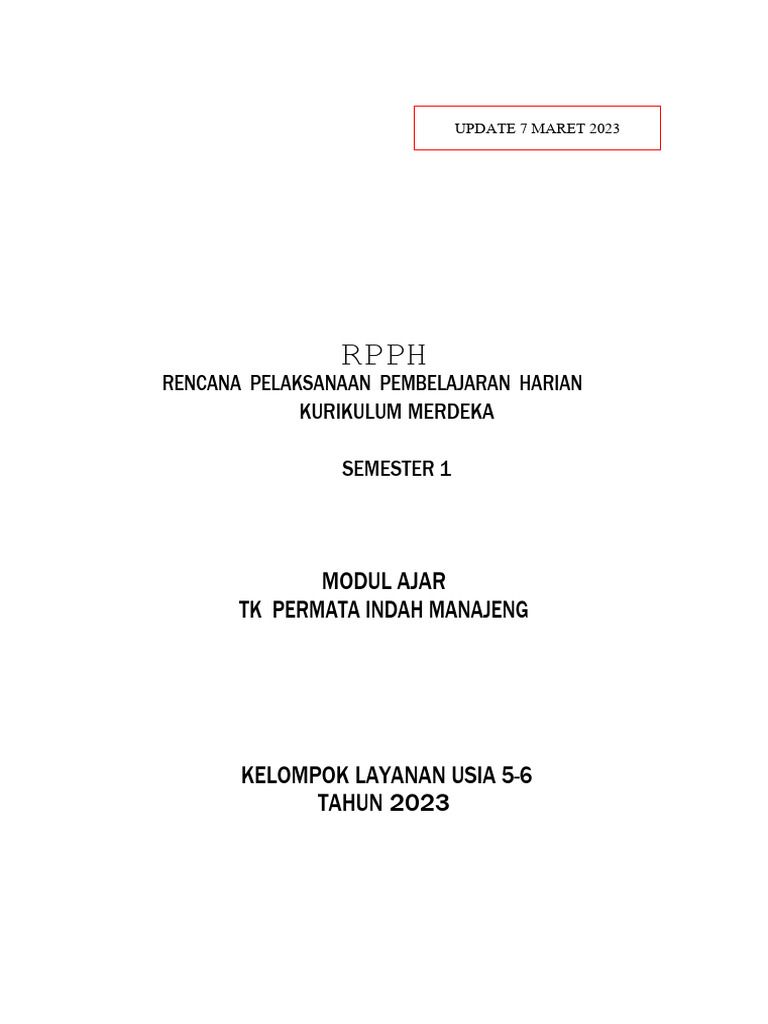 Modul Ajar RPPH TK B 5 6 Tahun Kurikulum Merdeka Smt1 6 HARI | PDF