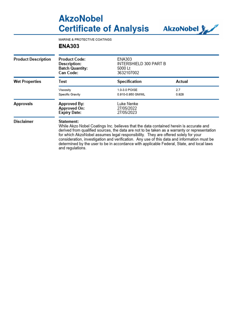 AkzoNobel CofA DATA SHEET Part B | PDF