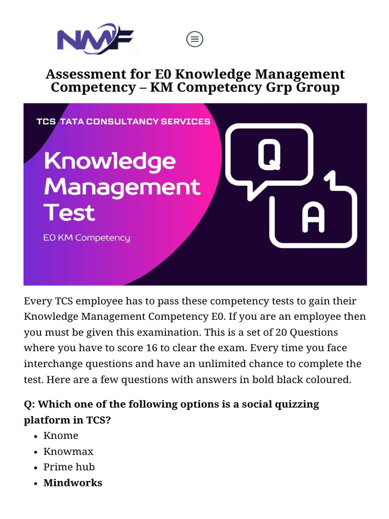 TCS Knowledge Management Competency Test E0 - Notesmyfoot | PDF ...